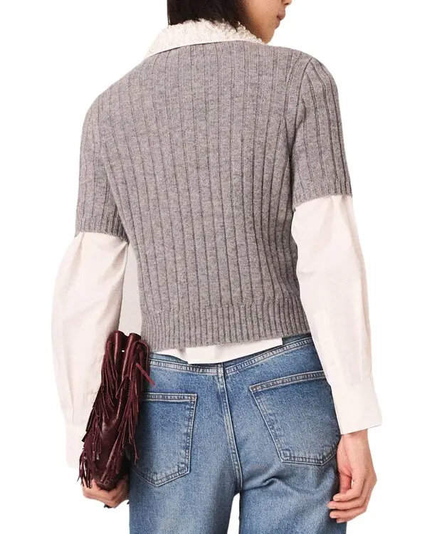 Maje Beaded Collar Ribbed Sweater - Grey