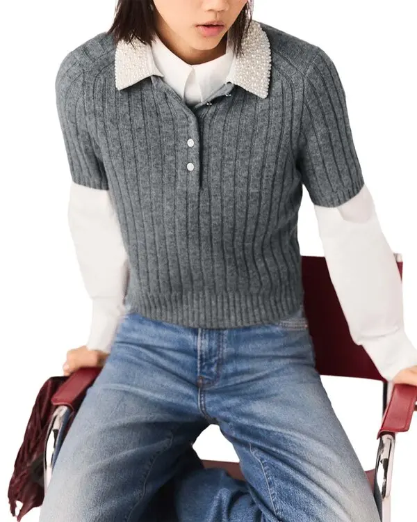 Maje Beaded Collar Ribbed Sweater - Grey