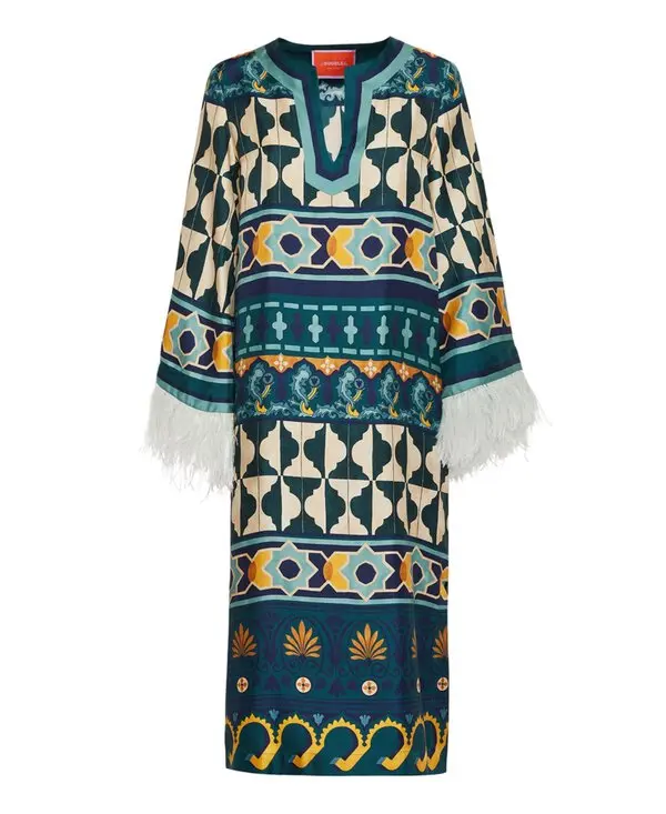 La DoubleJ Placee Kaftan With Feathers - Casareale Emerald