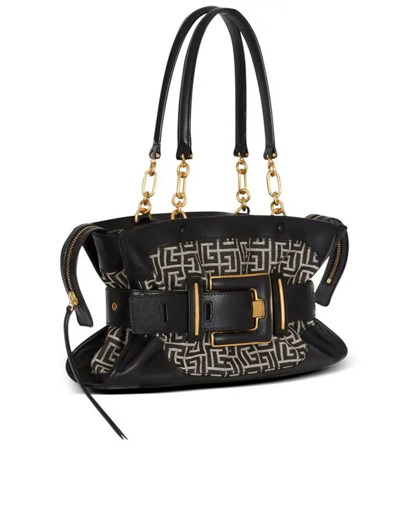 Balmain Leather And Monogram Jacquard Anthem Bag