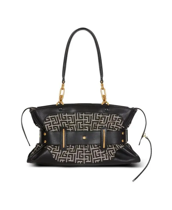 Balmain Leather And Monogram Jacquard Anthem Bag