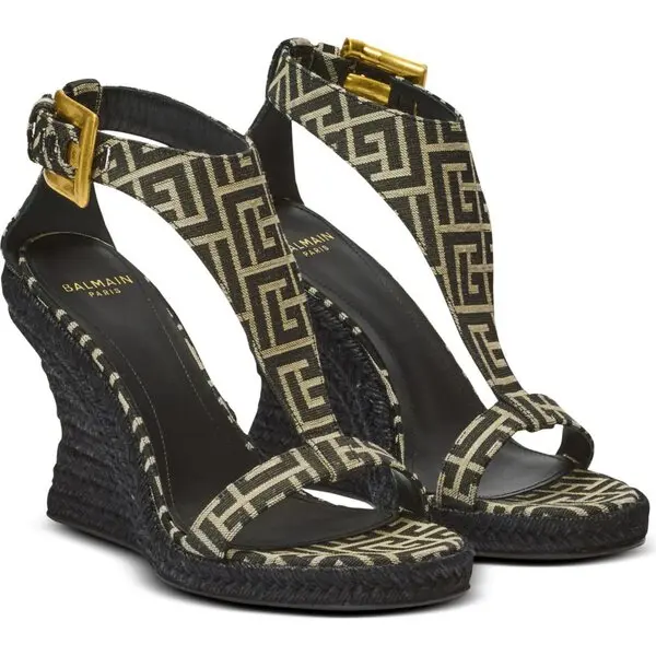 Balmain Anthem Monogram Jacquard Wedge Espadrilles - Black