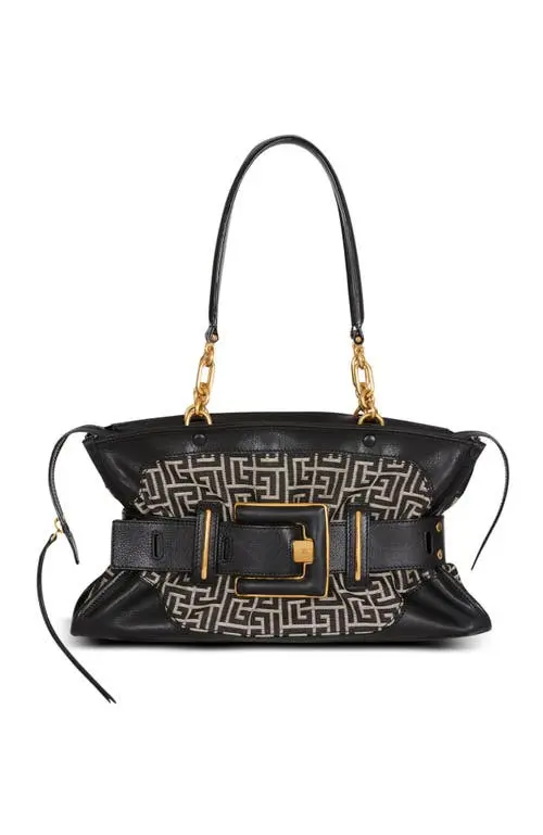 Balmain Leather And Monogram Jacquard Anthem Bag - Black