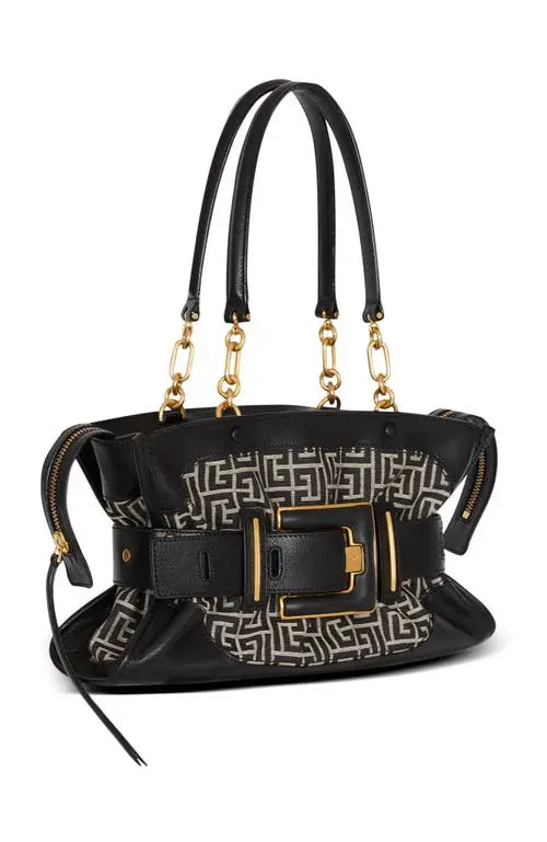 Balmain Leather And Monogram Jacquard Anthem Bag - Black
