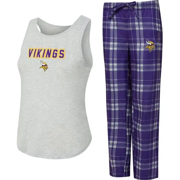 CONCEPTS SPORT Purple Minnesota Vikings Regulate Plaid Tank Top & Pants Sleep Set - Heather Gray