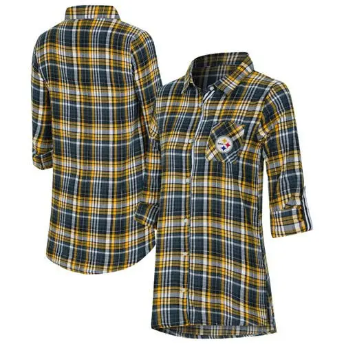 CONCEPTS SPORT Pittsburgh Steelers Laney Plaid Tri-blend Full-button Nightshirt - Black