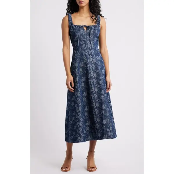 Moon River Floral Denim Midi Dress
