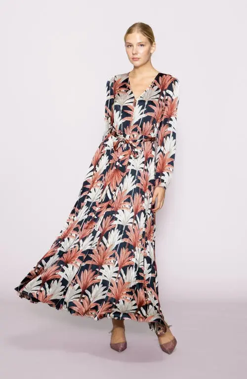 MELLODAY Botanical Pleated Maxi Dress With Tie Waist