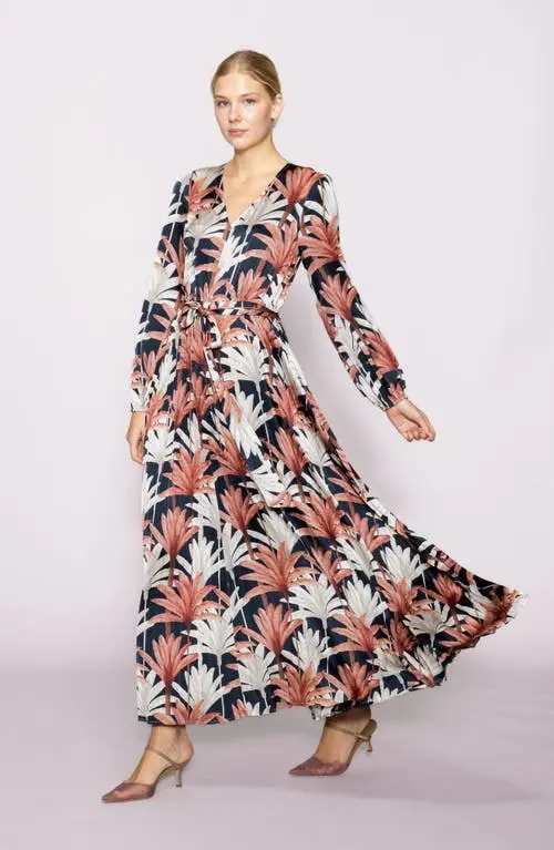 MELLODAY Botanical Pleated Maxi Dress With Tie Waist