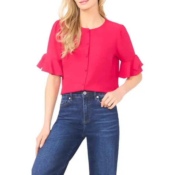 CECE DUPRAZ Bow Sleeve Button-up Top - Rose Cerise