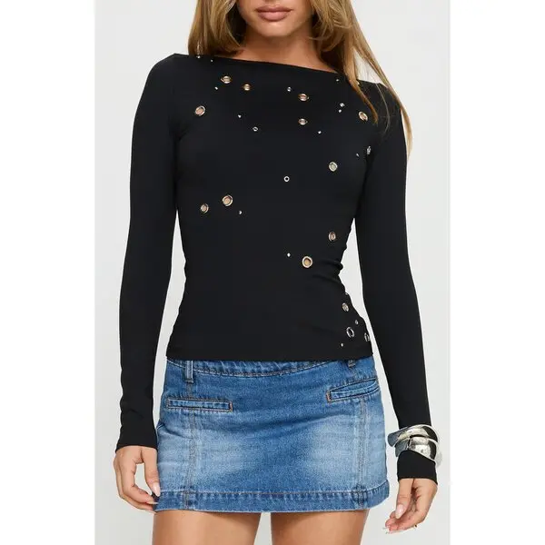 Princess Polly Eyelet Long Sleeve Top - Black