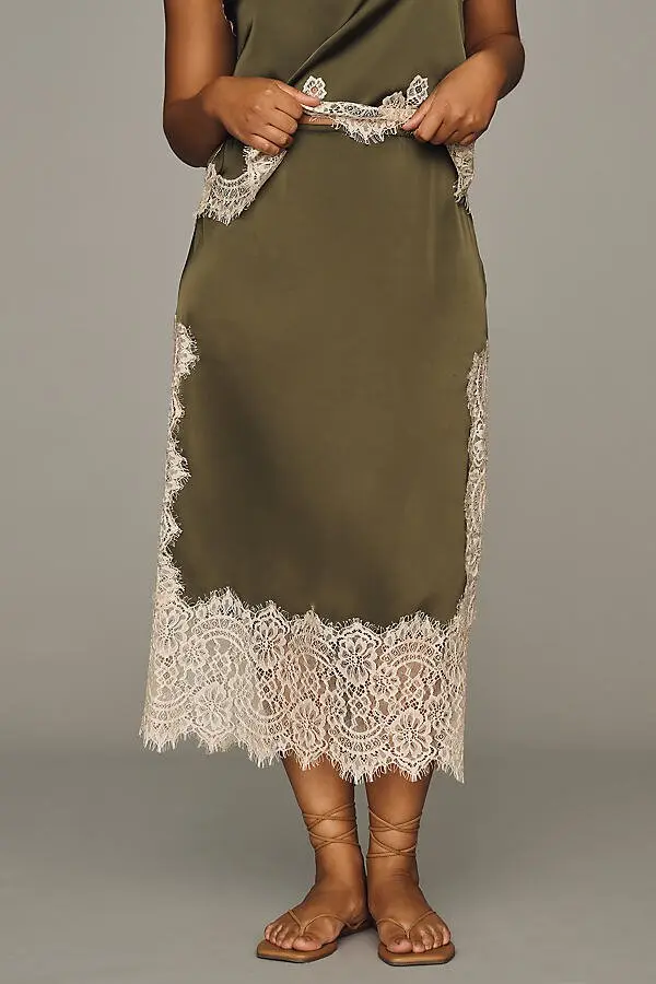 BL-NK Cinzia Laced Satin Midi Skirt - Green