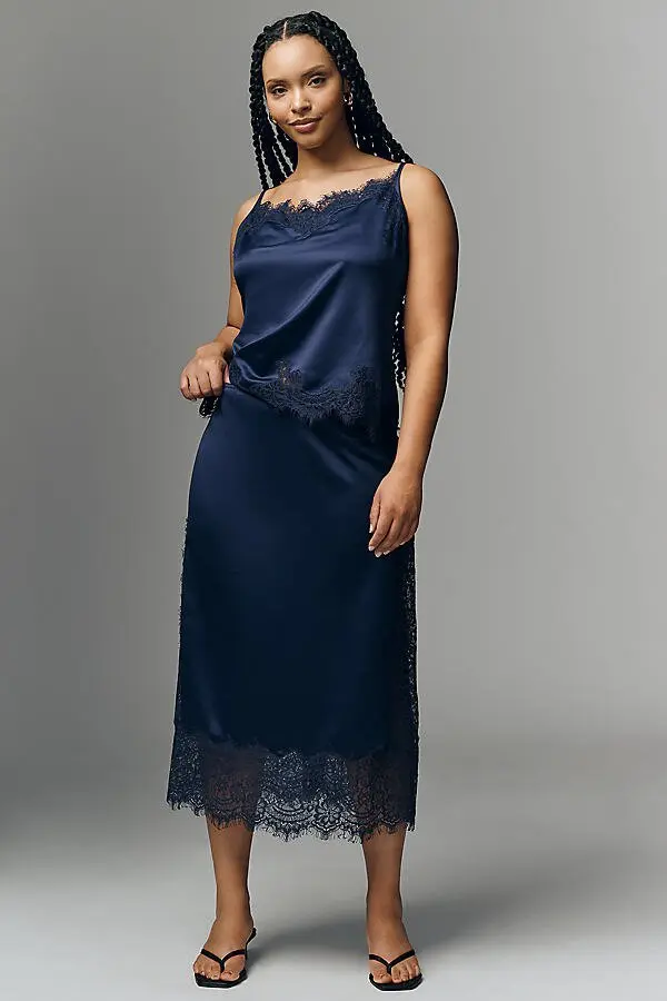 BL-NK Czia Laced Satin Midi Skirt - Navy
