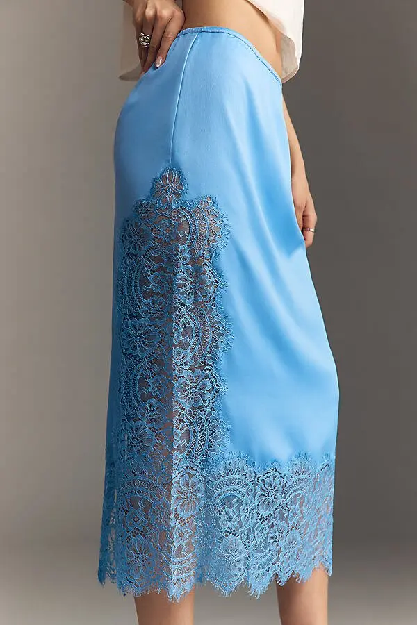 BL-NK Cinzia Laced Satin Midi Skirt - Sky Blue