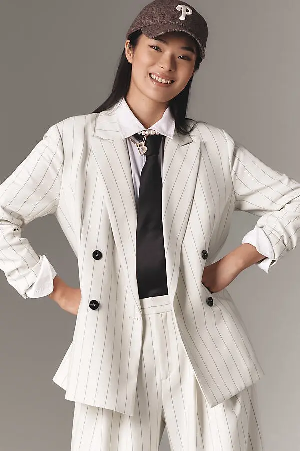 Maeve The Rue Oversized Double Breasted Blazer - Ivory / Black Stripe