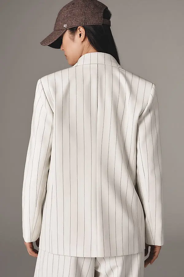 Maeve The Rue Oversized Double Breasted Blazer - Ivory / Black Stripe