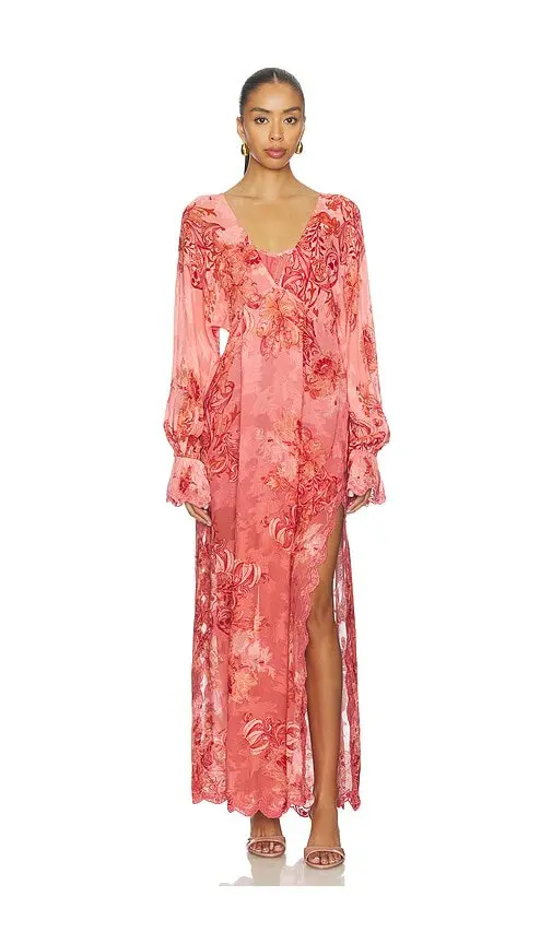 Hemant & Nandita Kaftan Maxi Dress With Printed Slip - Coral