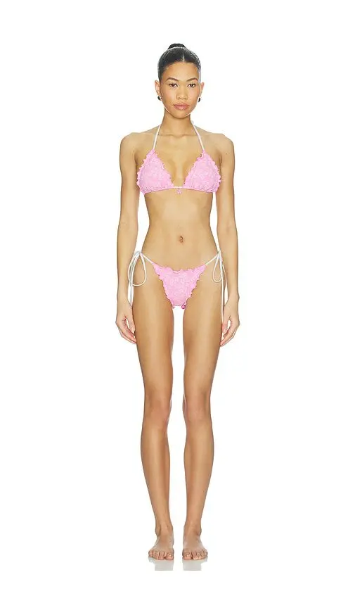 KULANI KINIS Lettuce Edge Thong Bikini Bottom With Self-tie Straps - Sugar Sprinkle