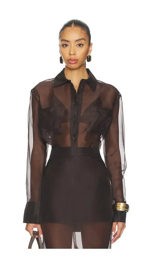 SEROYA Estella Sheer Silk Button-down Shirt - Brown