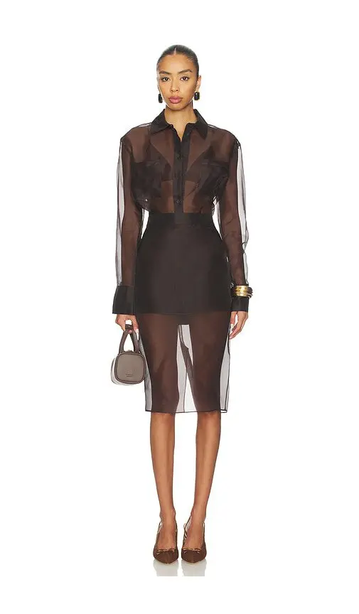 SEROYA Estella Sheer Silk Button-down Shirt - Brown