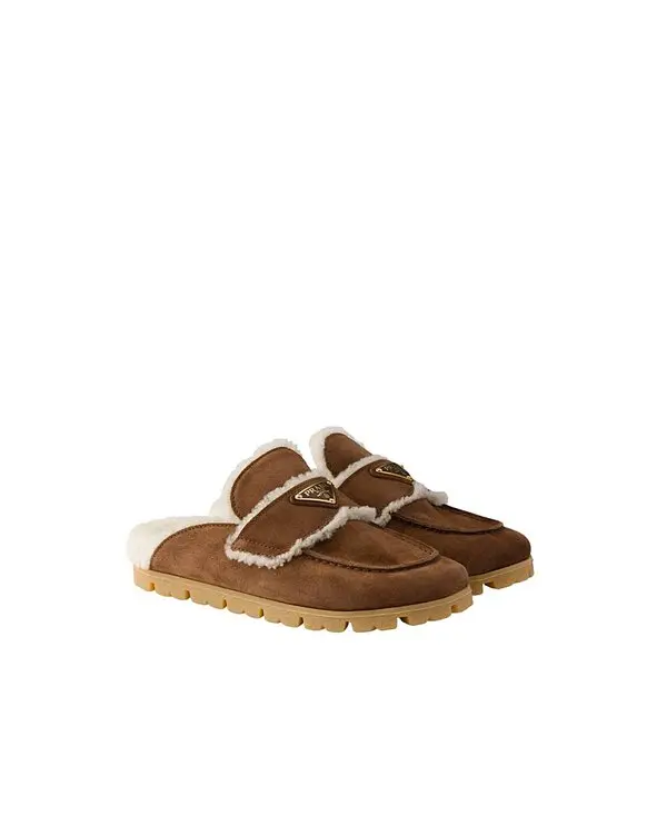 Prada Suede And Shearling Mules - Brown