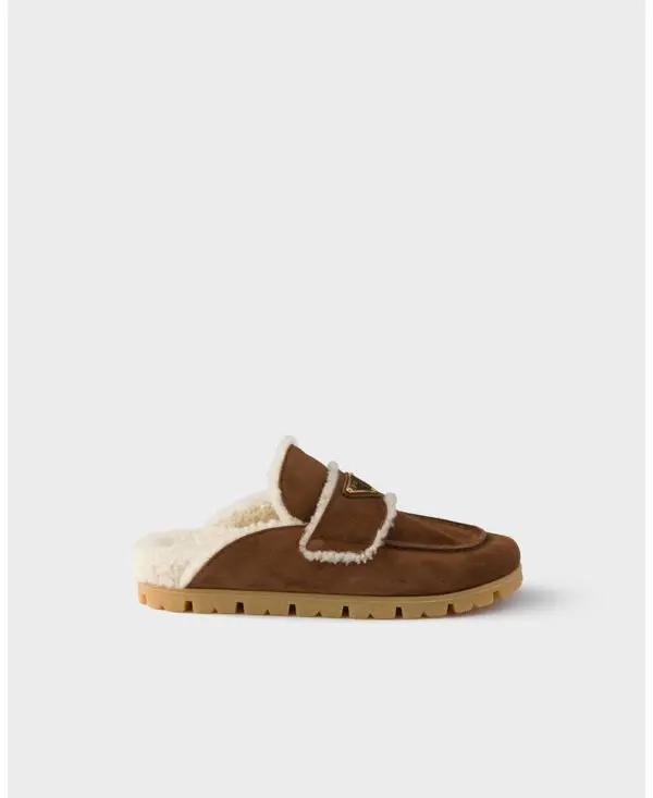 Prada Suede And Shearling Mules - Brown