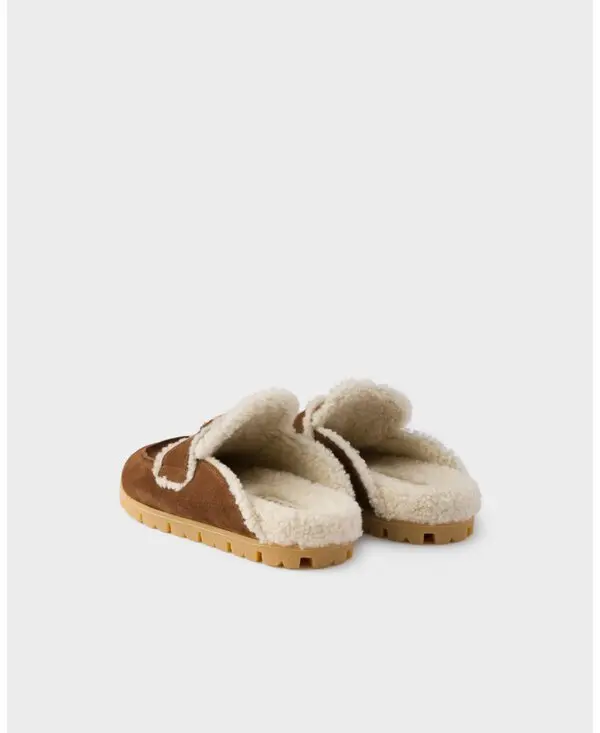 Prada Suede And Shearling Mules - Brown