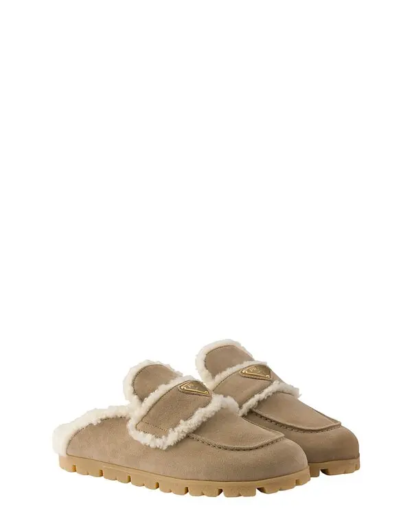 Prada Suede And Shearling Mules - Neutral
