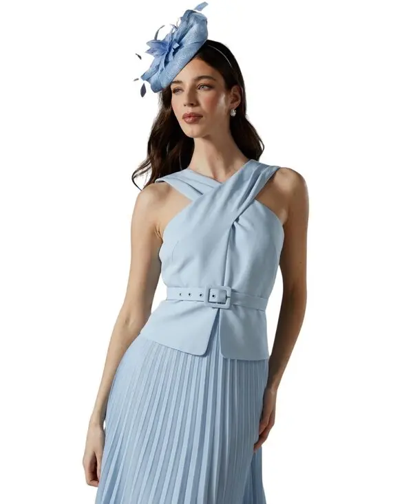 Coast Cross Over Pleated Midi Dress In Light Blue | Editorialist