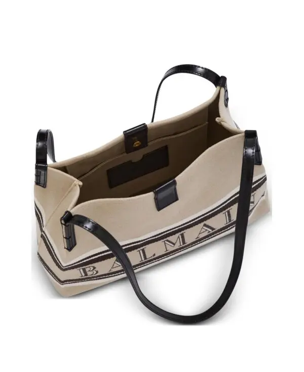 Balmain Small Release Shopper Bag In Canvas And Calfskin - Beige