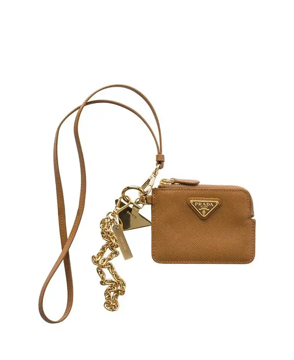 Prada Saffiano Leather Card Holder With Shoulder Strap - Brown