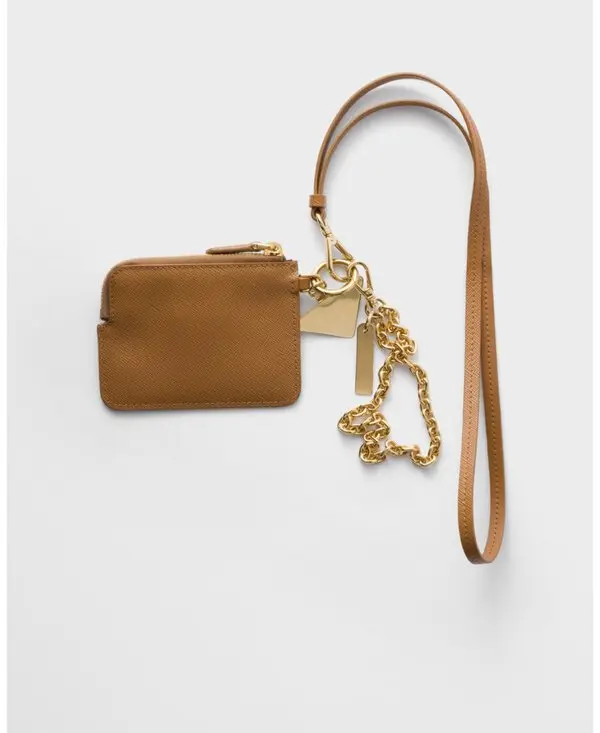 Prada Saffiano Leather Card Holder With Shoulder Strap - Brown