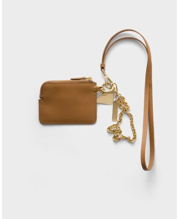 Prada Saffiano Leather Card Holder With Shoulder Strap - Brown