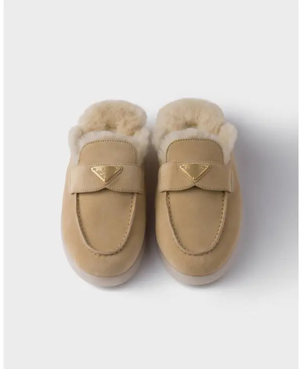 Prada Suede And Shearling Mules - Neutral