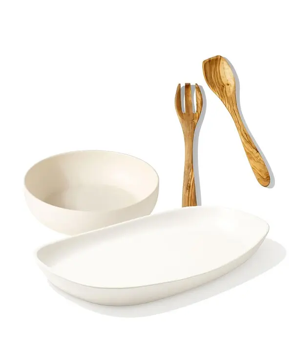 GHARYAN STONEWARE Serving Platter, Bowl & Olive Wood Servers, Set Of 4 - Matte White