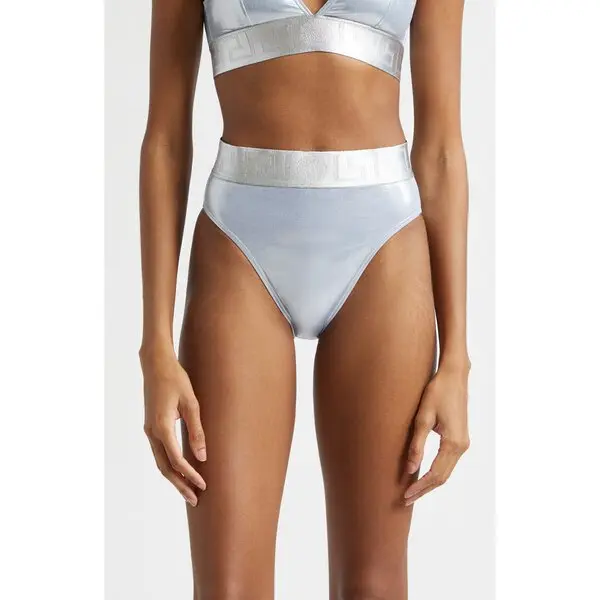 Versace Laminated High-waisted Bikini Bottom - Silver