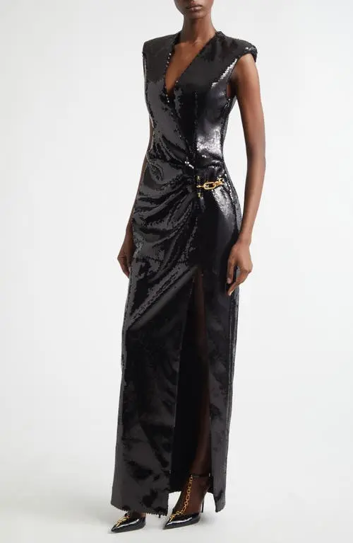 Balmain Sequin Draped Dress With Chain Detail