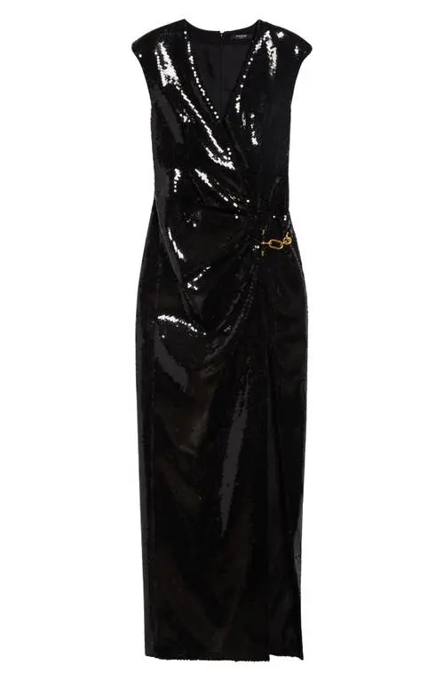 Balmain Sequin Draped Dress With Chain Detail
