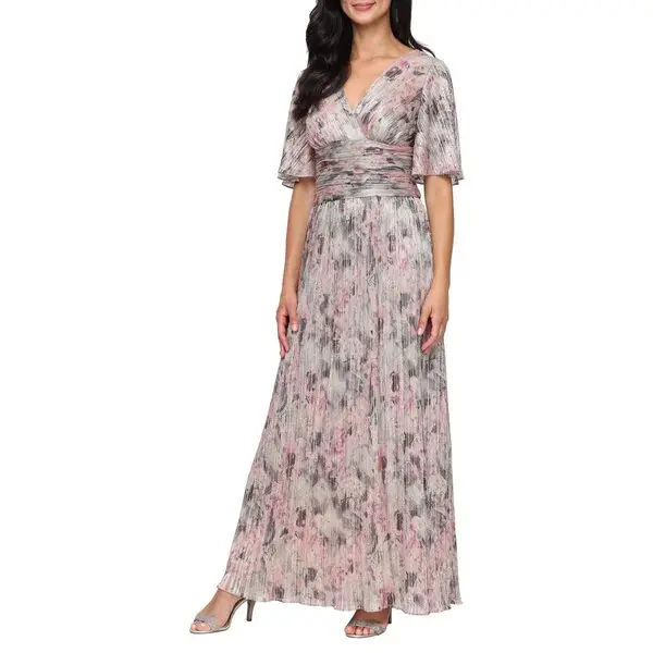 SL FASHIONS Metallic Floral Print Gown - Beige Multi