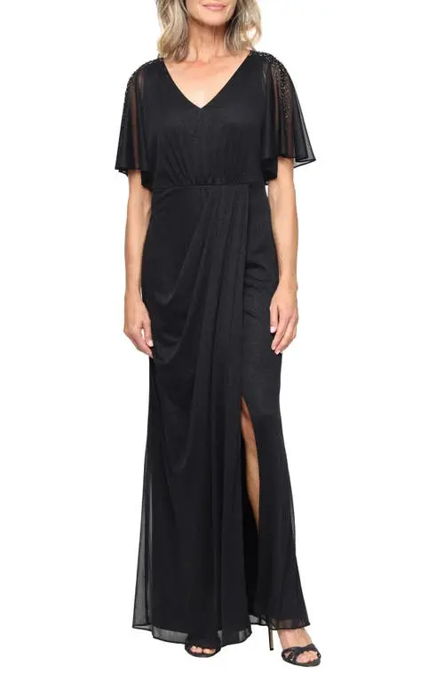 SL FASHIONS Draped Glitter Mesh Gown
