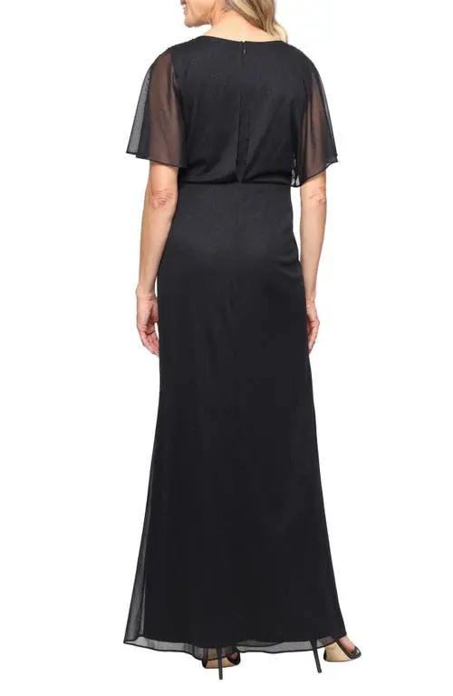 SL FASHIONS Draped Glitter Mesh Gown
