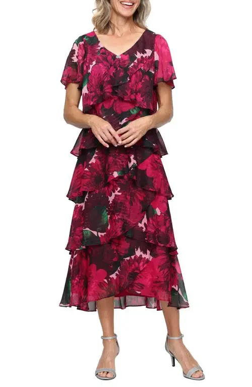SL FASHIONS Floral Print Ruffle Maxi Dress - Pink Multi