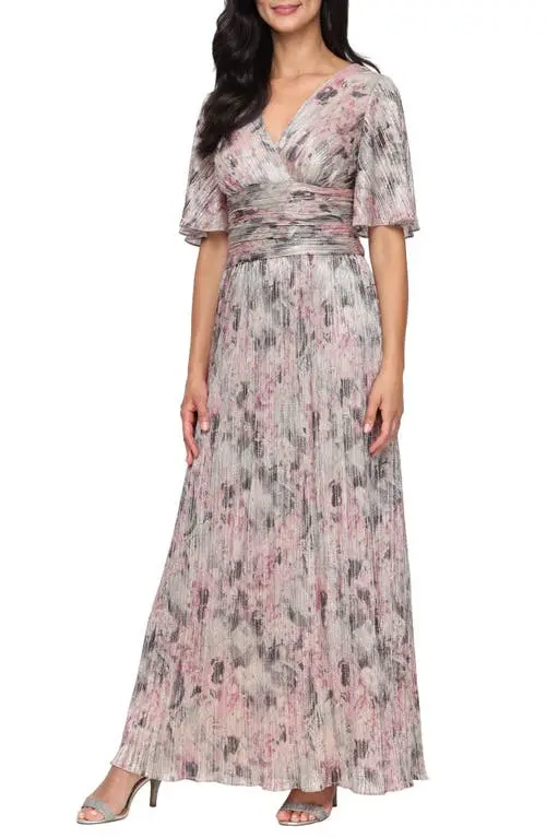 SL FASHIONS Metallic Floral Print Bodre Maxi Dress - Beige Multi