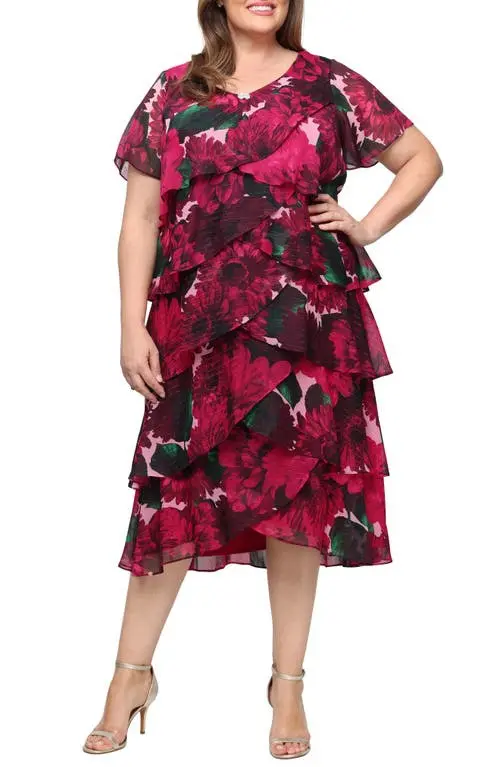 SL FASHIONS Floral Print Ruffled Chiffon Midi Dress - Pink Multi