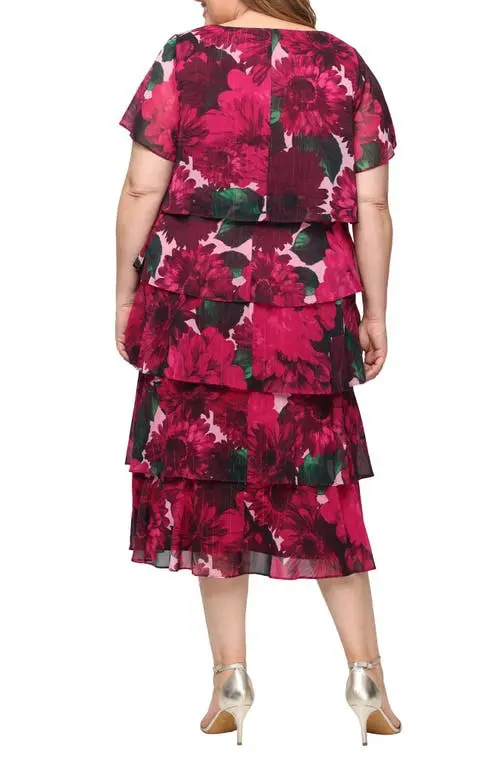 SL FASHIONS Floral Print Ruffled Chiffon Midi Dress - Pink Multi