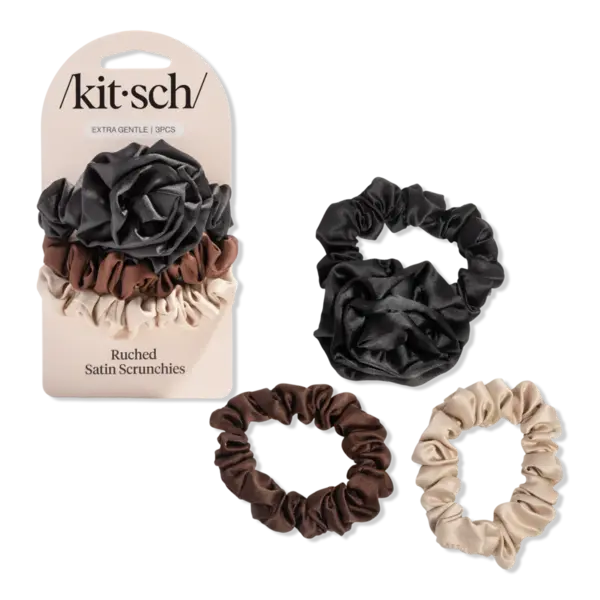 KITSCH Rosette Ruched Satin Scrunchies 3-piece Set - Black