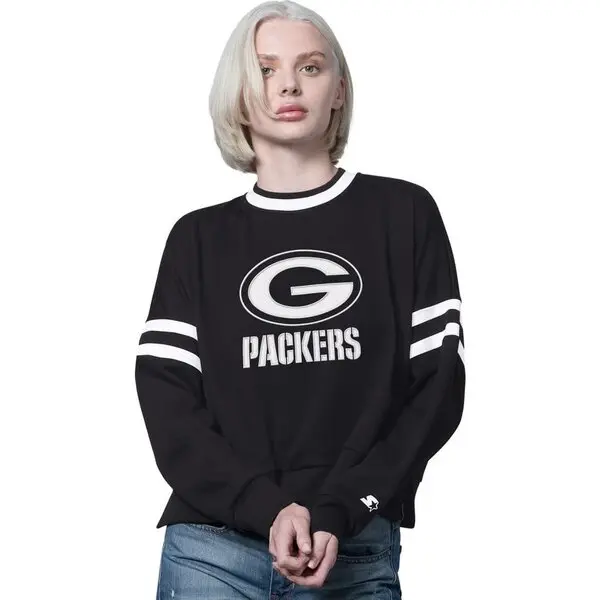 STARTER Green Bay Packers Rally Cropped Sweatshirt - Black