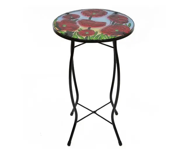 NORTHLIGHT 19' Red Floral Poppies Glass Patio S Ide Table - One-color