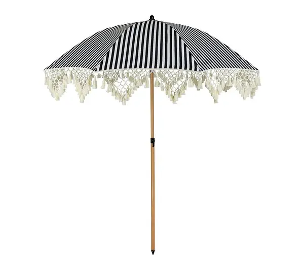 NORTHLIGHT 6.5' Striped Macrame Boho Umbrella B Lack White - One-color