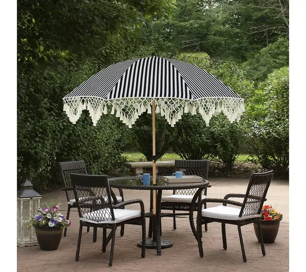 NORTHLIGHT 6.5' Striped Macrame Boho Umbrella B Lack White